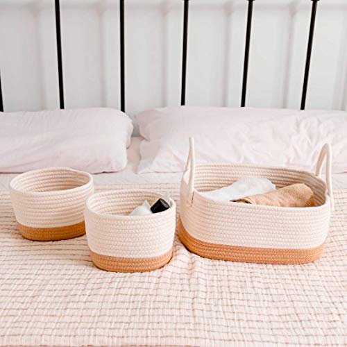 OrganiHaus Woven Storage Baskets for Shelves | Toy Storage Basket | Small Rope Basket for Storage | Woven Basket for Baby Clothes | Set of 3 Round Soft Baskets for Toys | Baby Changing Basket - Honey