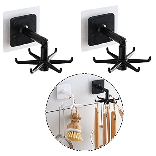 2-Piece Kitchen Rotary Hook, Multi-Function Tableware Rack Heavy Self-Adhesive Wall Hook, 360 Degree Rotary Hanger, Suitable for Kitchen Hooks, Household Appliances and Bathroom Bedroom (Black)