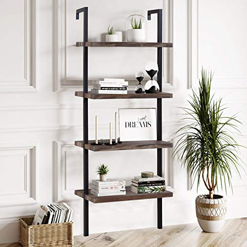 Bookshelf 4-Tier Wall Mount Ladder Storage Industrial Bookcase Shelf Modern Wood Book Shelf Unit with Metal Frame for Home Office Living Room