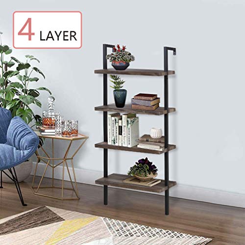 Bookshelf 4-Tier Wall Mount Ladder Storage Industrial Bookcase Shelf Modern Wood Book Shelf Unit with Metal Frame for Home Office Living Room