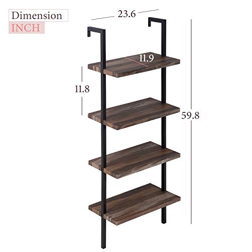 Bookshelf 4-Tier Wall Mount Ladder Storage Industrial Bookcase Shelf Modern Wood Book Shelf Unit with Metal Frame for Home Office Living Room