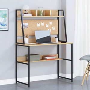 Spirich-Home Office Desk with Storage Shelf,Study Desk with Hutch for Small Spaces,Office Desk with Cork Bulletin Board,Wood,Walnut