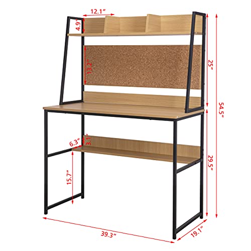 Spirich-Home Office Desk with Storage Shelf,Study Desk with Hutch for Small Spaces,Office Desk with Cork Bulletin Board,Wood,Walnut