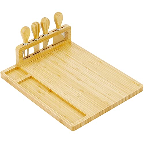 Secura Bamboo Cheese Board, Charcuterie Boards Set Cheese Platters Wood Serving Board and Knife Set with Knife Stand for Wine Wedding Housewarming Gifts