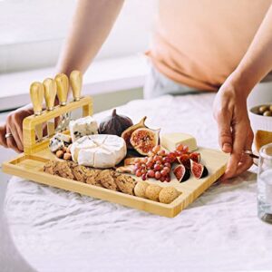 Secura Bamboo Cheese Board, Charcuterie Boards Set Cheese Platters Wood Serving Board and Knife Set with Knife Stand for Wine Wedding Housewarming Gifts