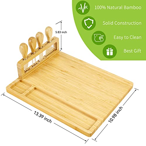 Secura Bamboo Cheese Board, Charcuterie Boards Set Cheese Platters Wood Serving Board and Knife Set with Knife Stand for Wine Wedding Housewarming Gifts