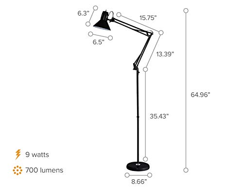 Bostitch Office VLF100F Swing Arm Metal Floor Lamp, 72" Tall with Multi-Joint Adjustment, Includes Replaceable LED Bulb (VLF), Black