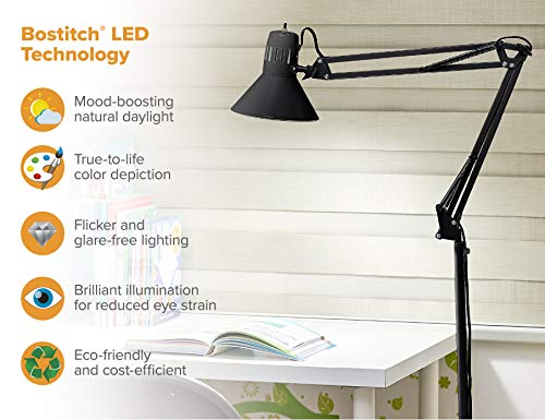 Bostitch Office VLF100F Swing Arm Metal Floor Lamp, 72" Tall with Multi-Joint Adjustment, Includes Replaceable LED Bulb (VLF), Black