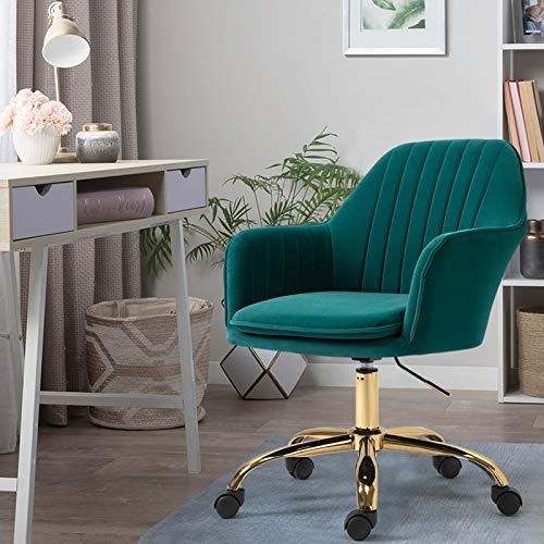 HOMHUM Desk Chairs with Wheels, Home Office Chair Mid-Back Velvet Office Chair Adjustable Cute Chair with Side Arms and Gold Metal Base for Living Room, Bedroom, Home Office, and Vanity Room (Green)