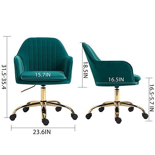 HOMHUM Desk Chairs with Wheels, Home Office Chair Mid-Back Velvet Office Chair Adjustable Cute Chair with Side Arms and Gold Metal Base for Living Room, Bedroom, Home Office, and Vanity Room (Green)