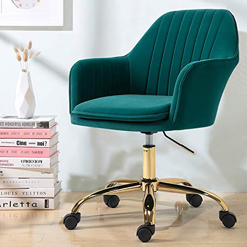 HOMHUM Desk Chairs with Wheels, Home Office Chair Mid-Back Velvet Office Chair Adjustable Cute Chair with Side Arms and Gold Metal Base for Living Room, Bedroom, Home Office, and Vanity Room (Green)