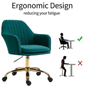 HOMHUM Desk Chairs with Wheels, Home Office Chair Mid-Back Velvet Office Chair Adjustable Cute Chair with Side Arms and Gold Metal Base for Living Room, Bedroom, Home Office, and Vanity Room (Green)