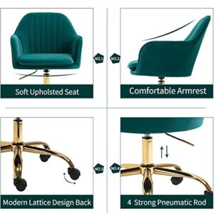 HOMHUM Desk Chairs with Wheels, Home Office Chair Mid-Back Velvet Office Chair Adjustable Cute Chair with Side Arms and Gold Metal Base for Living Room, Bedroom, Home Office, and Vanity Room (Green)