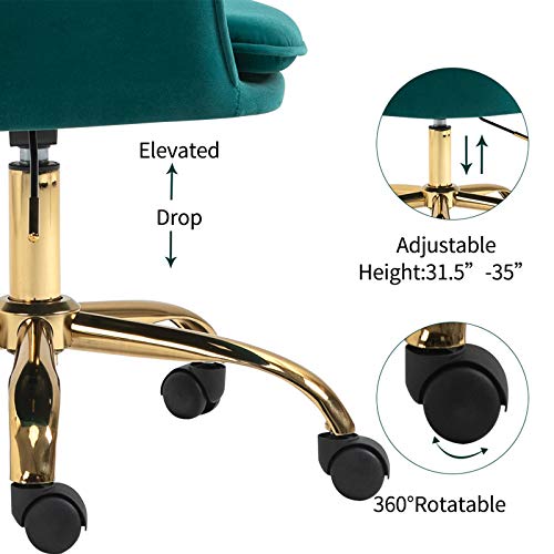 HOMHUM Desk Chairs with Wheels, Home Office Chair Mid-Back Velvet Office Chair Adjustable Cute Chair with Side Arms and Gold Metal Base for Living Room, Bedroom, Home Office, and Vanity Room (Green)