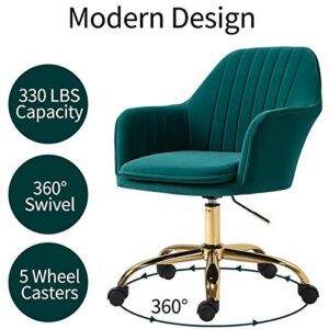 HOMHUM Desk Chairs with Wheels, Home Office Chair Mid-Back Velvet Office Chair Adjustable Cute Chair with Side Arms and Gold Metal Base for Living Room, Bedroom, Home Office, and Vanity Room (Green)