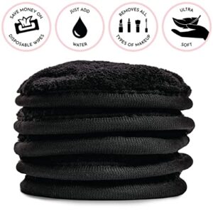 S&T INC. Reusable Makeup Remover Pads with Laundry Bag, Wash Cloths for Your Face, Microfiber Face Cloths Clean Makeup, Eyeliner, Mascara, and Oil from Skin, Black, 4 Inch Diameter, 5 Pack