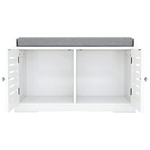 RASOO Shoe Storage Benches White Shoe Rack Bench with 2 Doors & Padded Seat Cushion in Grey Shoe Cabinet Shoe Entryway Bench with Shoe Organizer