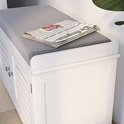 RASOO Shoe Storage Benches White Shoe Rack Bench with 2 Doors & Padded Seat Cushion in Grey Shoe Cabinet Shoe Entryway Bench with Shoe Organizer