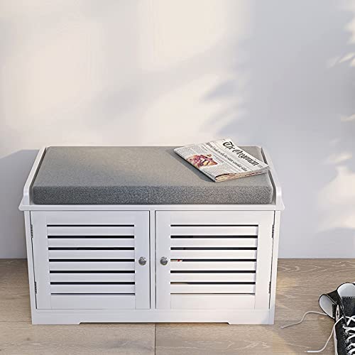 RASOO Shoe Storage Benches White Shoe Rack Bench with 2 Doors & Padded Seat Cushion in Grey Shoe Cabinet Shoe Entryway Bench with Shoe Organizer