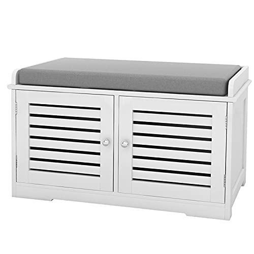 RASOO Shoe Storage Benches White Shoe Rack Bench with 2 Doors & Padded Seat Cushion in Grey Shoe Cabinet Shoe Entryway Bench with Shoe Organizer