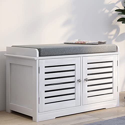 RASOO Shoe Storage Benches White Shoe Rack Bench with 2 Doors & Padded Seat Cushion in Grey Shoe Cabinet Shoe Entryway Bench with Shoe Organizer