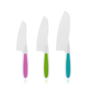 kufung kids knife set, 3 piece nylon kitchen baking knife set for cooking and cutting fruits, bread, lettuce, veggies cake, plastic toddler knife set for little hands, fun safe knife (multicolor2, s)