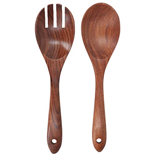 2 Pcs Salad Tongs, Wooden Salad Servers, Fork and Spoon Set for Cooking