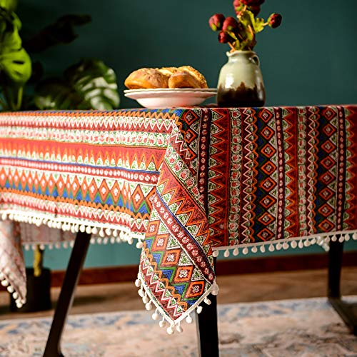 SUTAVIA Pompom Tassel Tablecloth for Bohemian Rectangle Table Covers，Wrinkle Free Linen Bohemian Style Design Table Cloth for for Dining Room, Tabletop Decoration (Red, 60"x84")