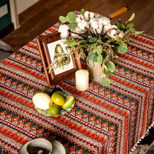 SUTAVIA Pompom Tassel Tablecloth for Bohemian Rectangle Table Covers，Wrinkle Free Linen Bohemian Style Design Table Cloth for for Dining Room, Tabletop Decoration (Red, 60"x84")