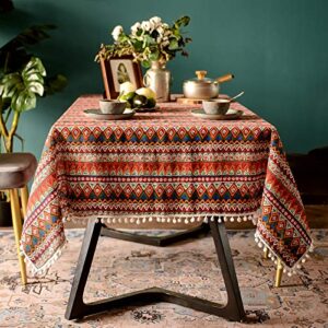 SUTAVIA Pompom Tassel Tablecloth for Bohemian Rectangle Table Covers，Wrinkle Free Linen Bohemian Style Design Table Cloth for for Dining Room, Tabletop Decoration (Red, 60"x84")