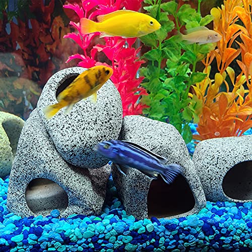 5 Pack Stackable Aquarium Decoration Rock Caves- Ceramic Fish Tank Hideout Cave Stone Ornaments in 5 Styles Professional Betta Cave Hideaway Tunnel for Territorial Fish Shrimp Cichlid Hiding Breeding