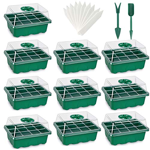 UWIOFF Seed Starter Tray, 10-Pack 120 Cells Seedling Starter Trays, Humidity Adjustable Seed Tray Kit with Dome and Base Greenhouse Grow Trays Mini Propagator for Seeds Growing Starting