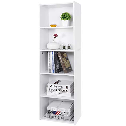 SUPER DEAL Wood Bookcase 5-Tier Open Shelf Narrow Tall Cube Bookshelf for Small Spaces Freestanding Display Storage Organizer for Kids Bedroom Home Office Apartment, 52 Inch White