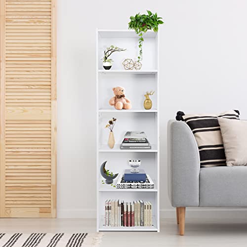 SUPER DEAL Wood Bookcase 5-Tier Open Shelf Narrow Tall Cube Bookshelf for Small Spaces Freestanding Display Storage Organizer for Kids Bedroom Home Office Apartment, 52 Inch White