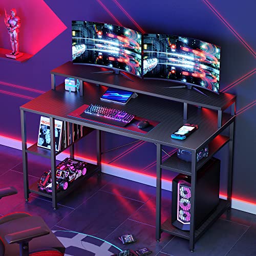 Bestier Gaming Desk with Monitor Shelf, 55 inches Home Office Desk with Open Storage Shelves, Writing Gaming Study Table Workstation for Small Space, Carbon Fiber