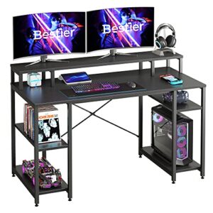 Bestier Gaming Desk with Monitor Shelf, 55 inches Home Office Desk with Open Storage Shelves, Writing Gaming Study Table Workstation for Small Space, Carbon Fiber