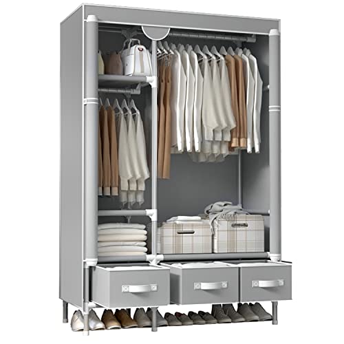 ASSICA Portable Wardrobe Durable Clothes Closet Non-Woven Fabric Storage Organizer with Three Drawer Boxes and Hanging Rack- Easy to install, Not for outside use, 44.5" x 18.0" x67.0" (Gray)