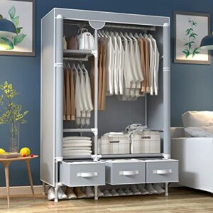 ASSICA Portable Wardrobe Durable Clothes Closet Non-Woven Fabric Storage Organizer with Three Drawer Boxes and Hanging Rack- Easy to install, Not for outside use, 44.5" x 18.0" x67.0" (Gray)