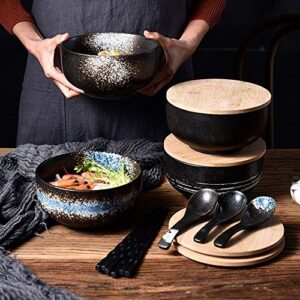 Japanese Ramen Bowls Japanese Rice Bowl (Contains chopsticks and spoons) Japanese Blue Ceramic Hand Drawn Rice Bowl Retro Tablewarel 6.5 inch