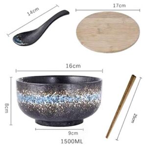 Japanese Ramen Bowls Japanese Rice Bowl (Contains chopsticks and spoons) Japanese Blue Ceramic Hand Drawn Rice Bowl Retro Tablewarel 6.5 inch