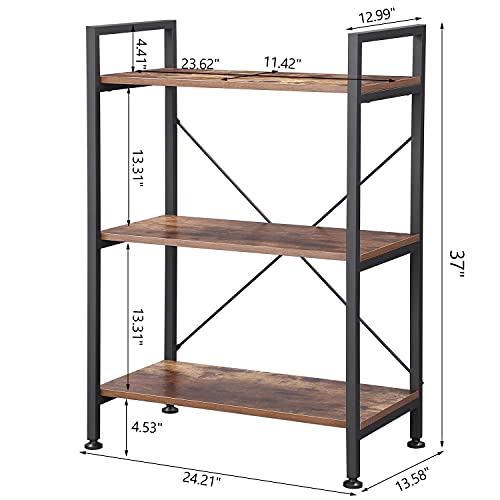 BEWISHOME 3 Tier Bookshelf Organizer, Rustic Brown Small Bookshelf for Small Spaces, Industrial Wooden Storage Bookcase with Metal Frame for Bedroom Living Room and Home Office JCJ32Z