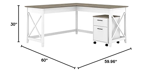 Bush Furniture Key West L Shaped Desk with 2 Drawer Mobile File Cabinet, 60W, Pure White and Shiplap Gray