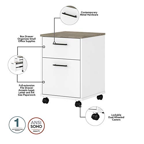 Bush Furniture Key West L Shaped Desk with 2 Drawer Mobile File Cabinet, 60W, Pure White and Shiplap Gray