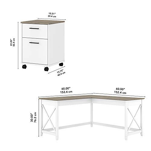 Bush Furniture Key West L Shaped Desk with 2 Drawer Mobile File Cabinet, 60W, Pure White and Shiplap Gray