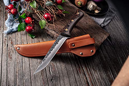 VICUNA Fillet Knife Pointed Boning Knife with Leather Sheath (Straight Boning Knife 7 inch)’