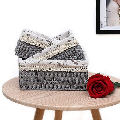 Woven Baskets for Storage Free Life Woven Baskets, Handmade Paper Rope Organizing Baskets Set, Square Nesting Baskets with Liner, Decorative Home Storage Bin (Set of 3) (Gray Set)