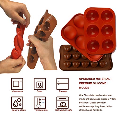 Jasilon [UPGRADE SAFE MATERIAL] 2 Chocolate Bomb Molds + 1 Heart Shaped Silicone Mold, Medium Semi Sphere Silicone Mold, 6 Holes Round Silicone Molds for Hot Chocolate Bombs,Cake,Jelly,Mousse-Red