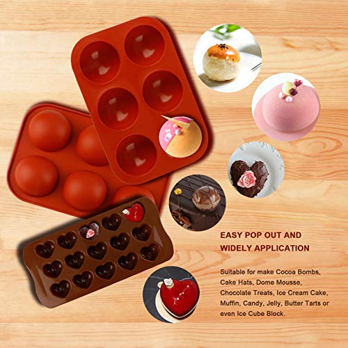 Jasilon [UPGRADE SAFE MATERIAL] 2 Chocolate Bomb Molds + 1 Heart Shaped Silicone Mold, Medium Semi Sphere Silicone Mold, 6 Holes Round Silicone Molds for Hot Chocolate Bombs,Cake,Jelly,Mousse-Red