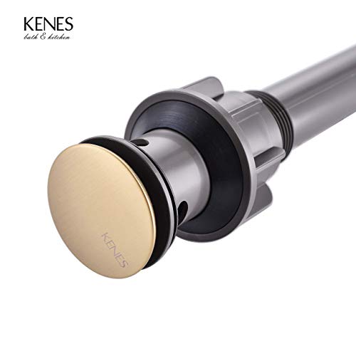 KENES Brushed Gold Pop Up Bathroom Sink Drain with Overflow, Bathroom Sink Drain Assembly with Strainer Pop Up Drain, Lavatory Vanity Vessel Sink Pop Up Drain Stopper