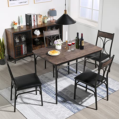 VECELO 5-Piece Indoor Modern Rectangular Table Kitchen, Dinette, Breakfast Nook, Dining Set for 4, Retro Brown